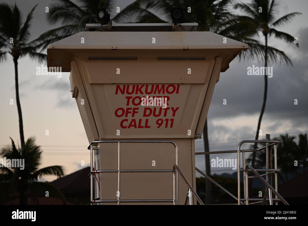 A text sign on a lifeguard, tower NUKUMOI TOWER OFF DUTY in Lihue ...