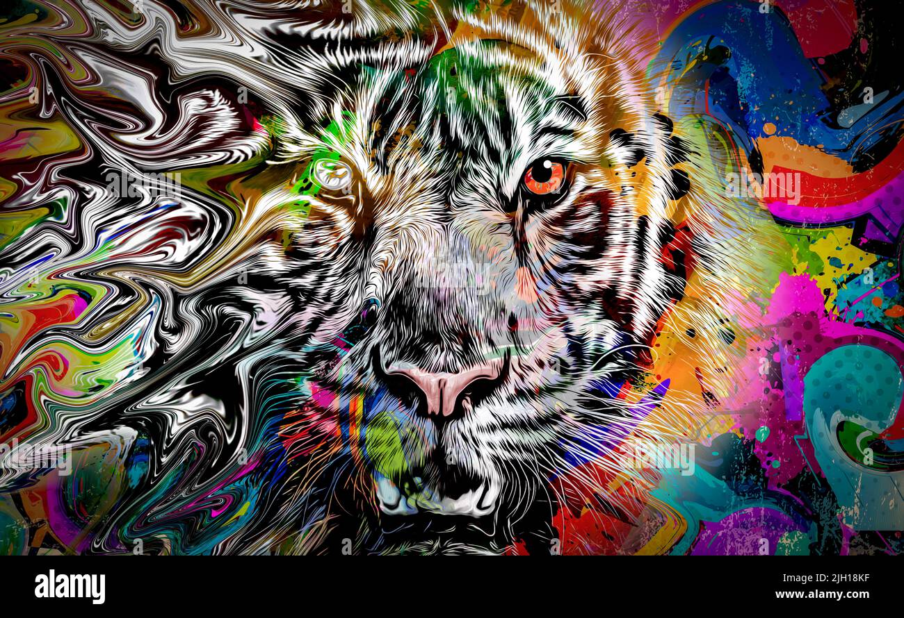 Colorful hand-drawn tiger muzzle, abstract colorful background Stock ...