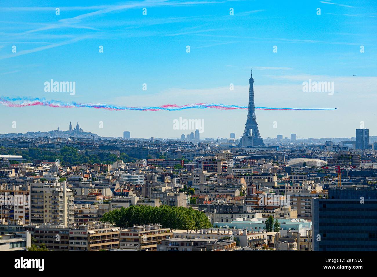 French Air Force Patrouille de France Alpha planes fly over the Champs ...