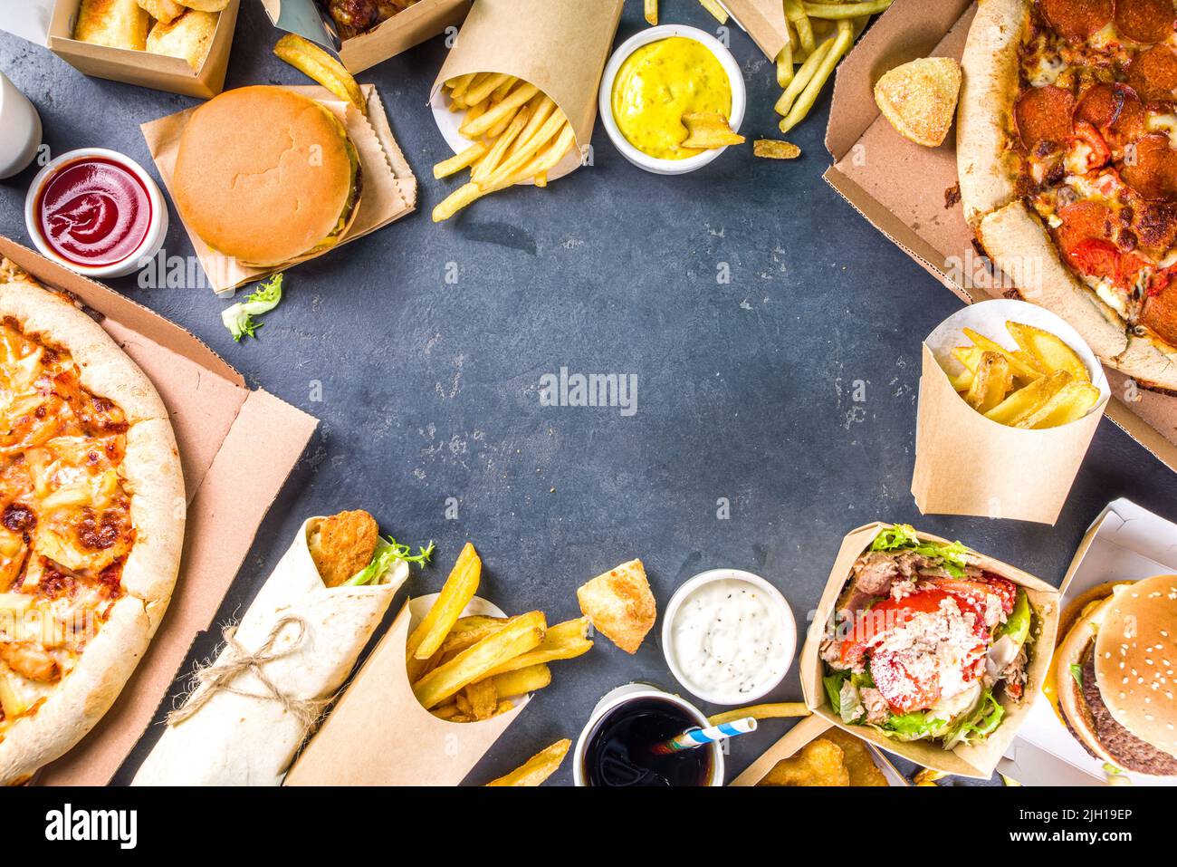 Delivery fastfood ordering food online concept. Large set of assorted ...