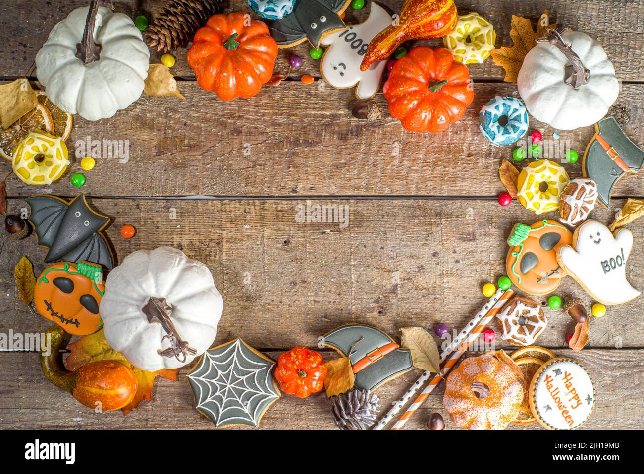 Halloween cookies, sweets and decor background. Trick or treat concept ...