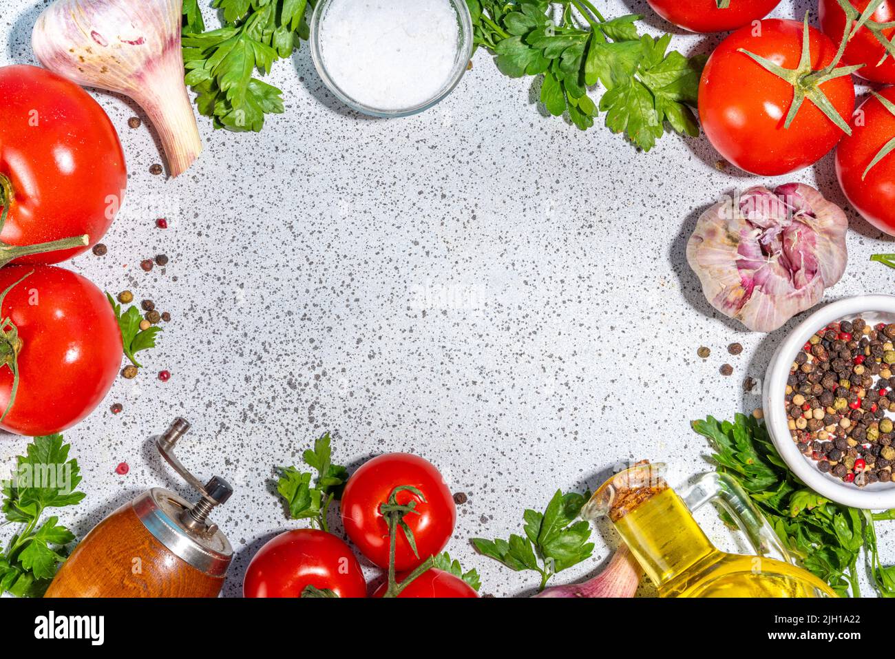 Cooking ingredients background. Spices, black pepper, garlic, onion ...