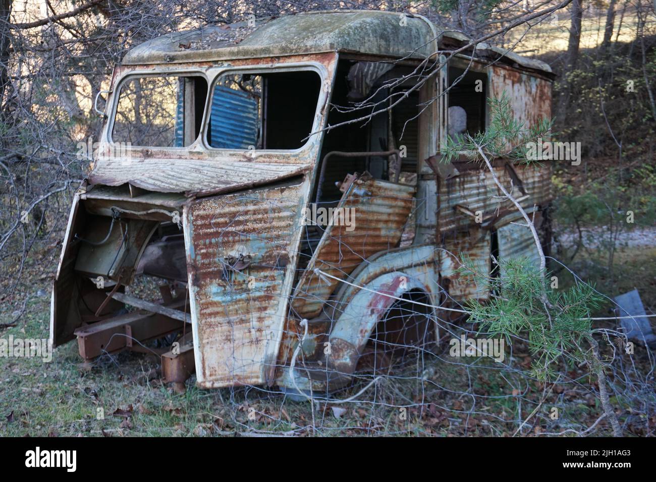 destroyed old rusty abandoned delivery van in the country in france ...