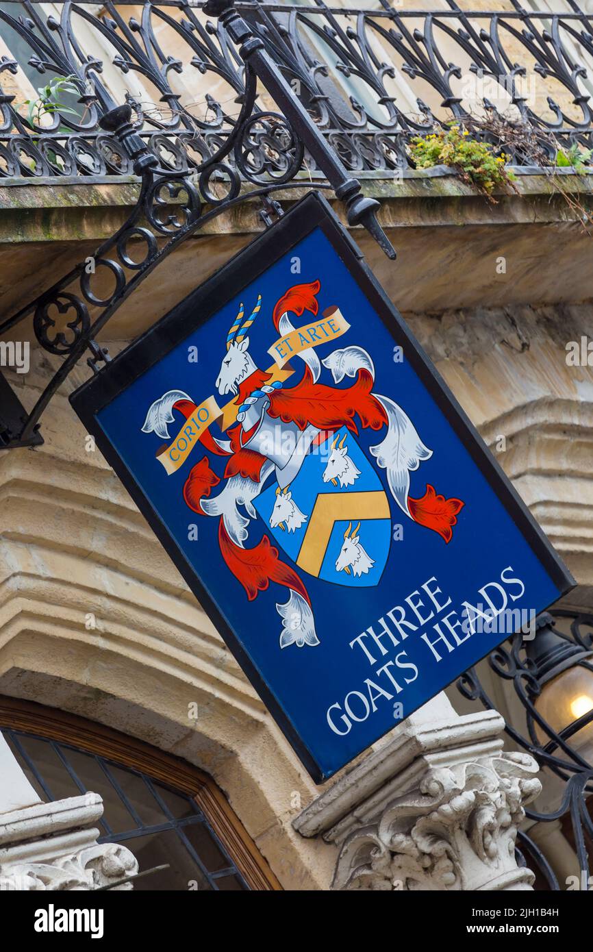Three Goats Heads sign at Oxford, Oxfordshire UK on a wet rainy day in ...