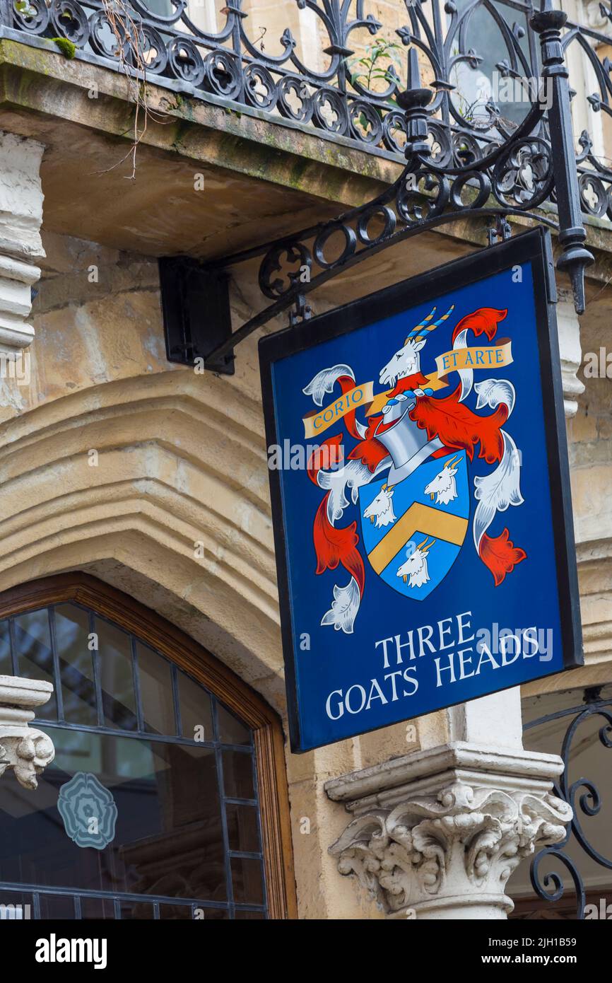 Three Goats Heads sign at Oxford, Oxfordshire UK on a wet rainy day in ...