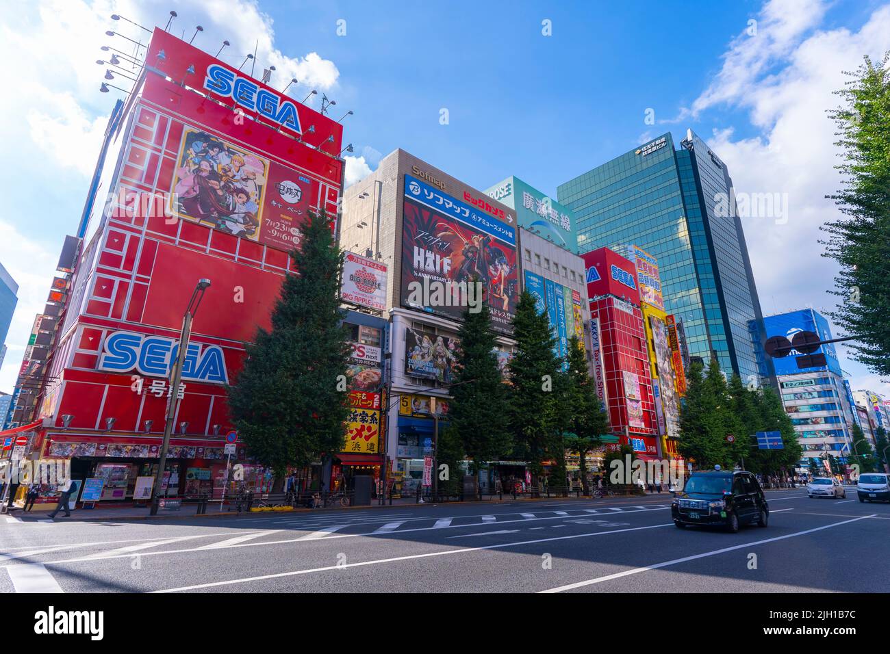 Akihabara, Japan- August 26, 2020: Colorful buildings line the street ...