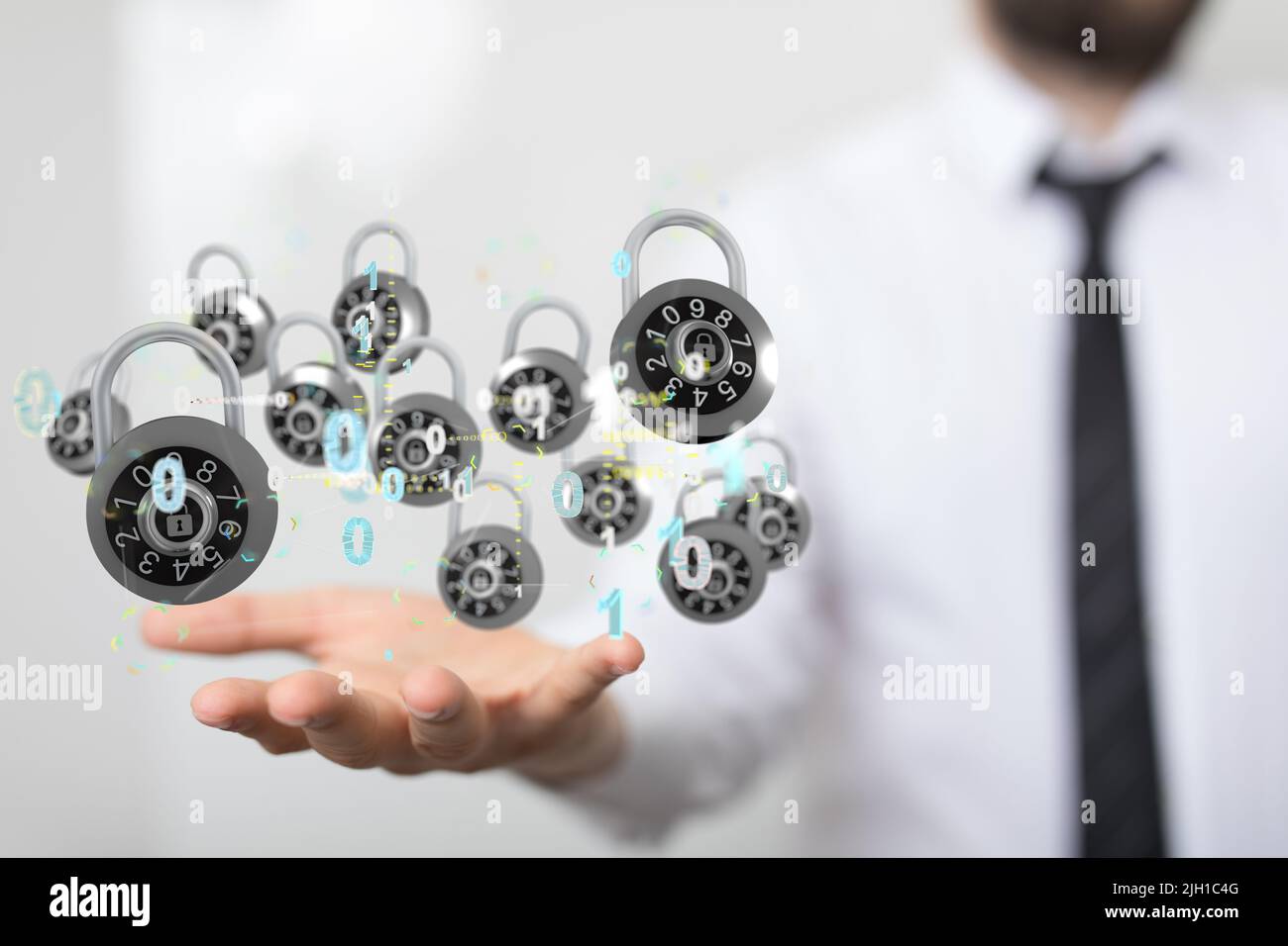 A person presenting a virtual projection of cyber security concep Stock ...