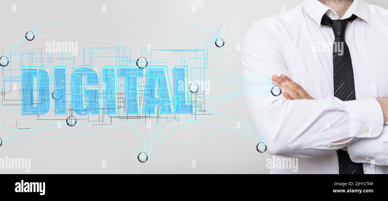 A person presenting a virtual projection of digital network Stock Photo ...