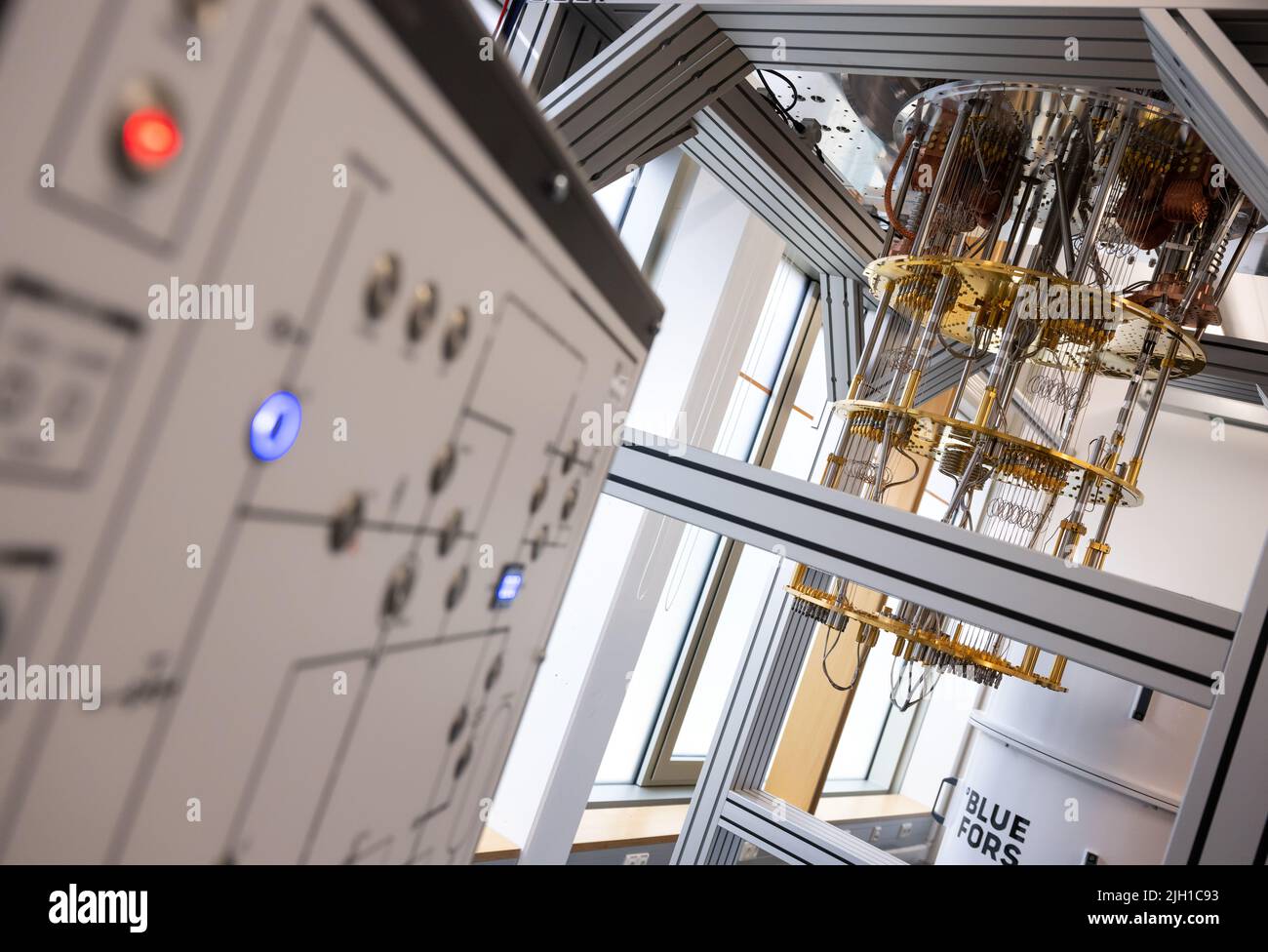 Garching, Germany. 14th July, 2022. A cryostat from a quantum computer ...