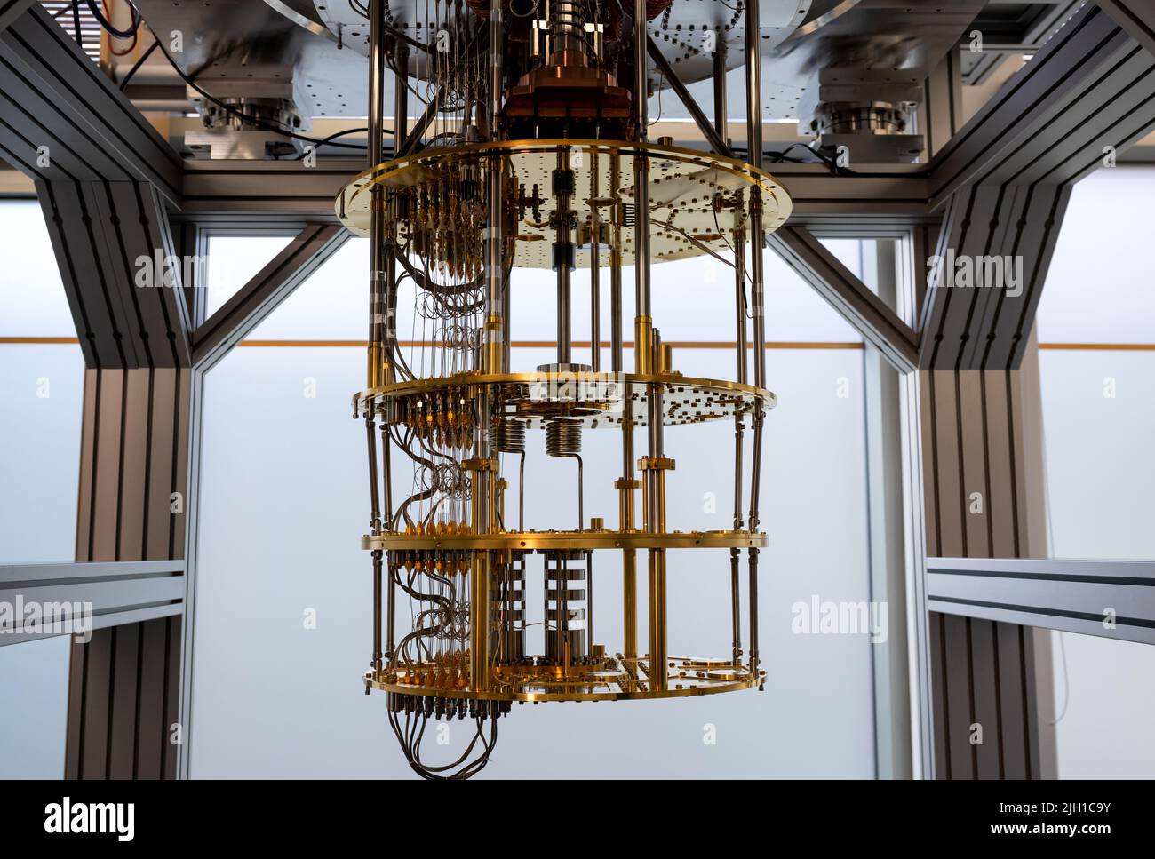 Garching, Germany. 14th July, 2022. A cryostat from a quantum computer ...