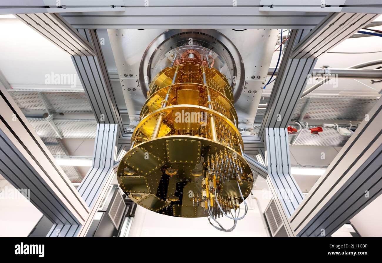 Garching, Germany. 14th July, 2022. A cryostat from a quantum computer ...