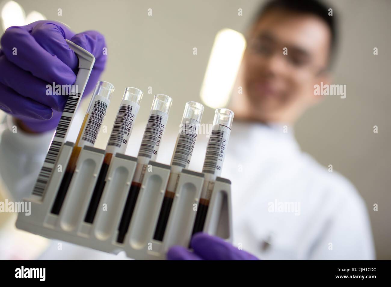 Pictures from inside a lab of staff with marked test tubes and petri ...