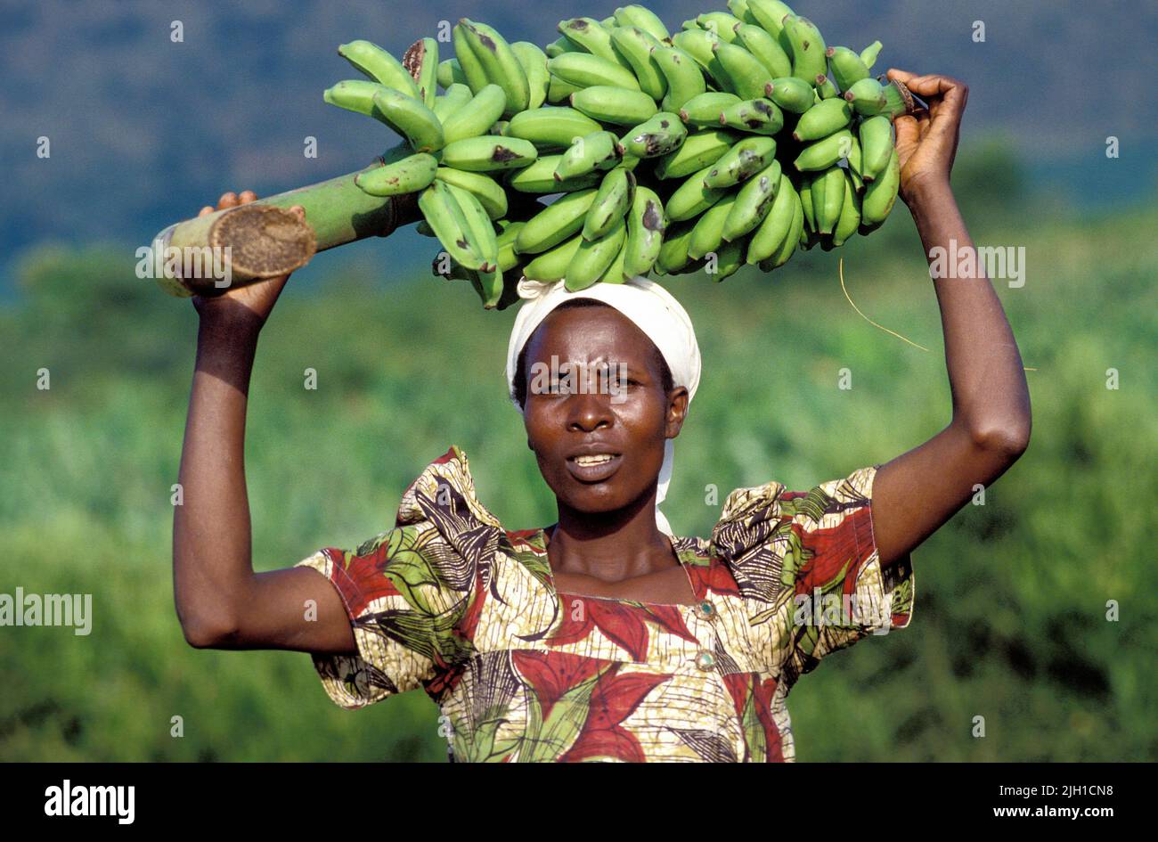 Uganda, Kampala; Portrait of a woman carrying a bunch of bananas on the ...