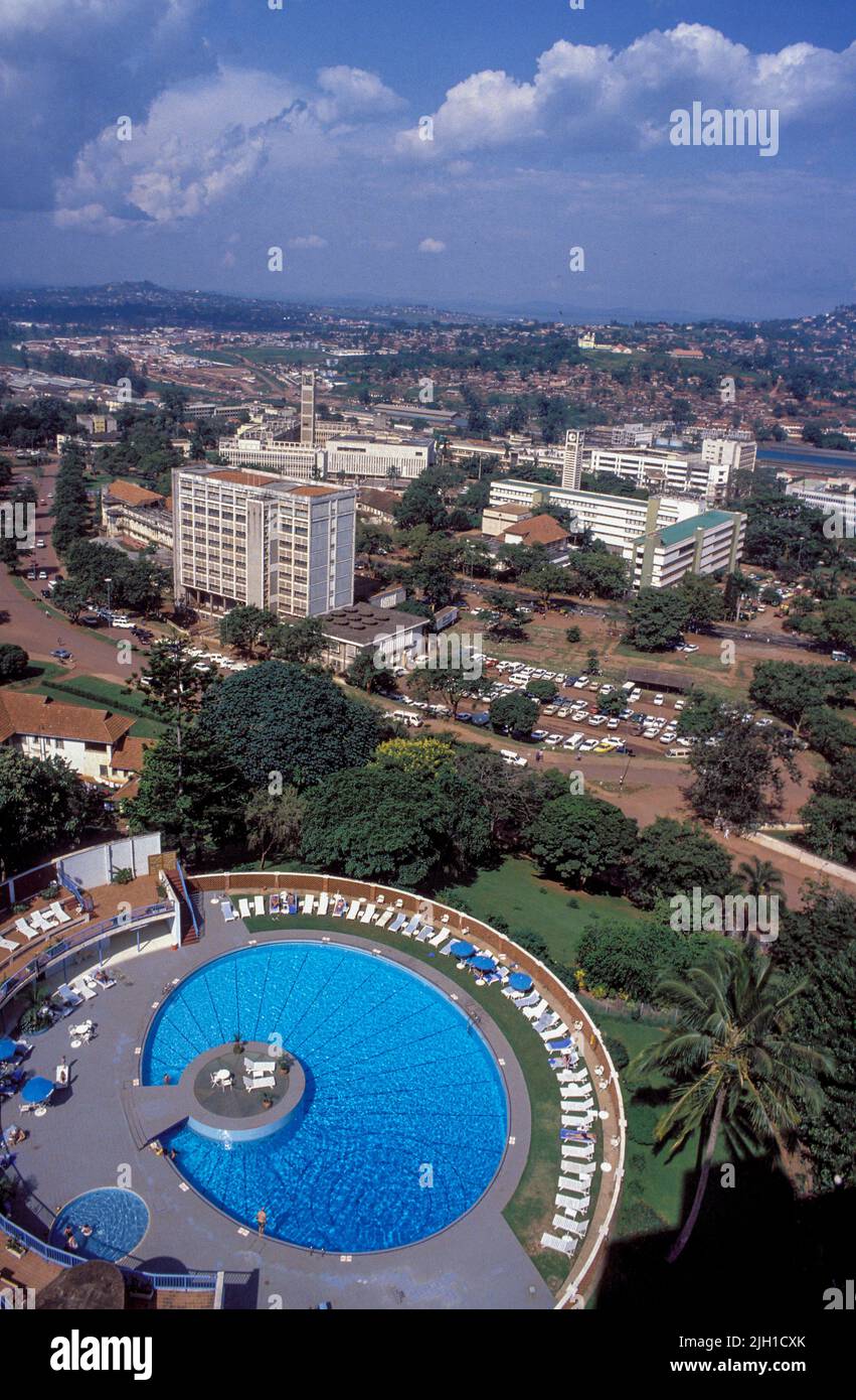 Uganda, Kampala; Overview of the city with luxurious swimming pool in ...