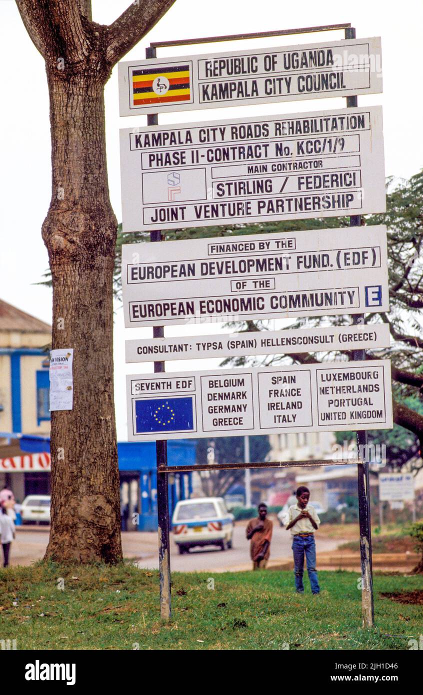 Uganda, Kampala; A text board concerning Kampala road rehabilitation funded by members of the ...