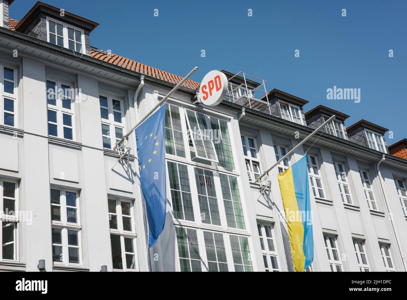 Hanover, Germany. 14th July, 2022. The flag of Ukraine and the EU fly ...