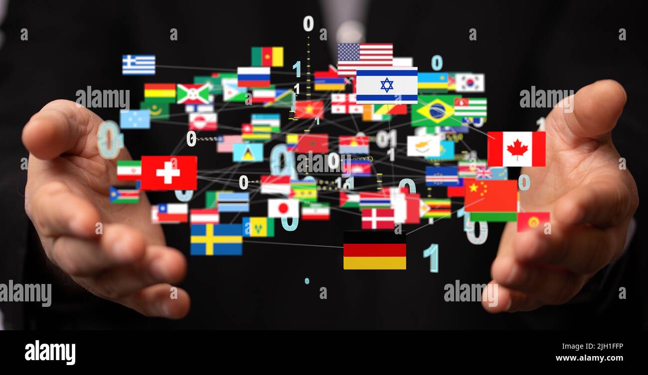 A 3D render of connected world flags near the hands Stock Photo - Alamy
