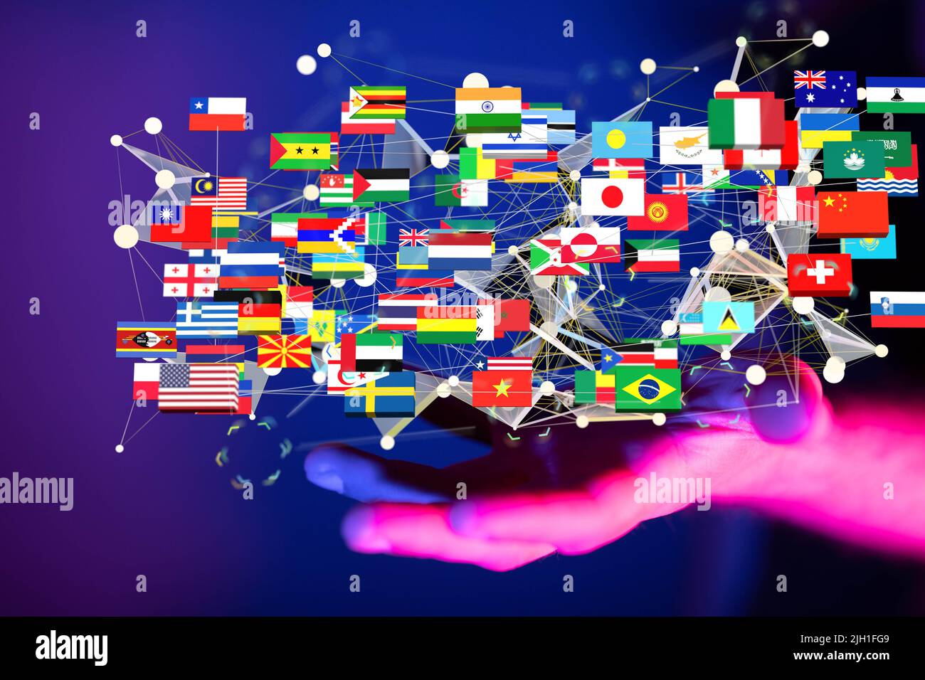 A 3D render of connected world flags near a hand Stock Photo - Alamy