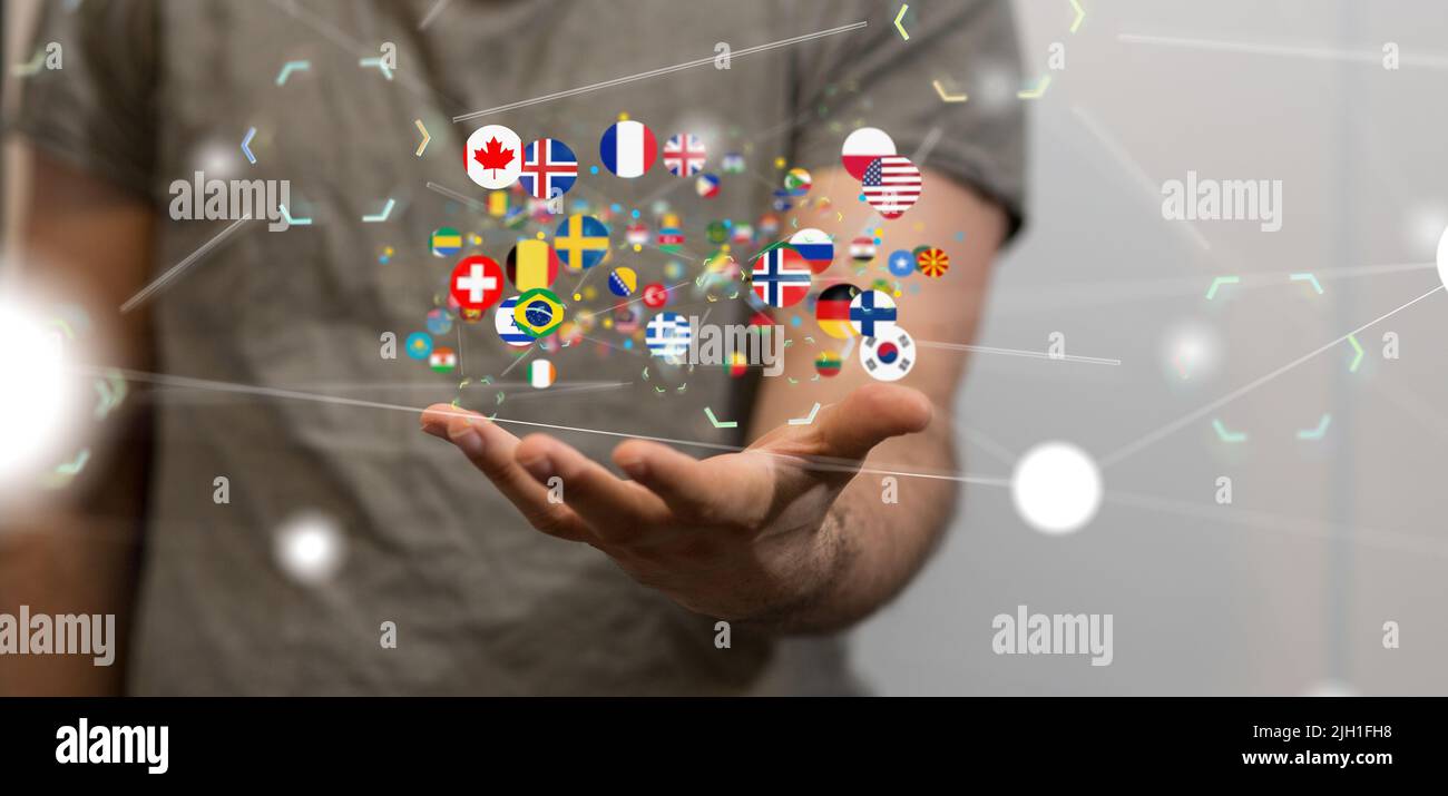 A 3D render of connected world flags near a hand Stock Photo - Alamy