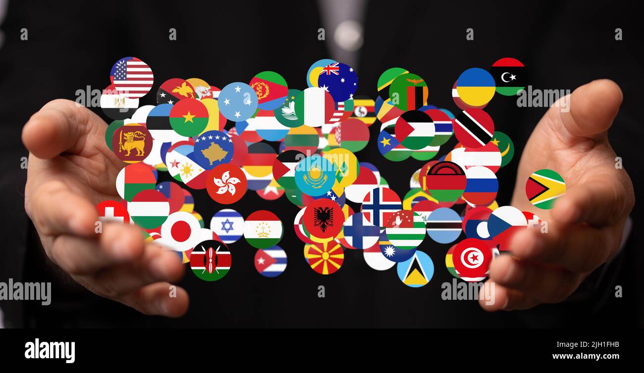 A 3D render of connected world flags near the hands Stock Photo - Alamy