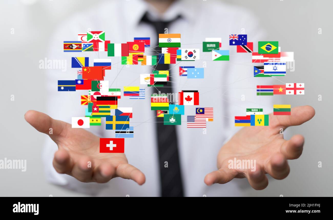 A 3D render of connected world flags near the hands Stock Photo - Alamy