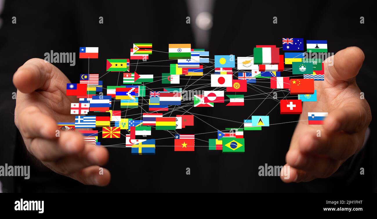 A 3D render of connected world flags near the hands Stock Photo - Alamy