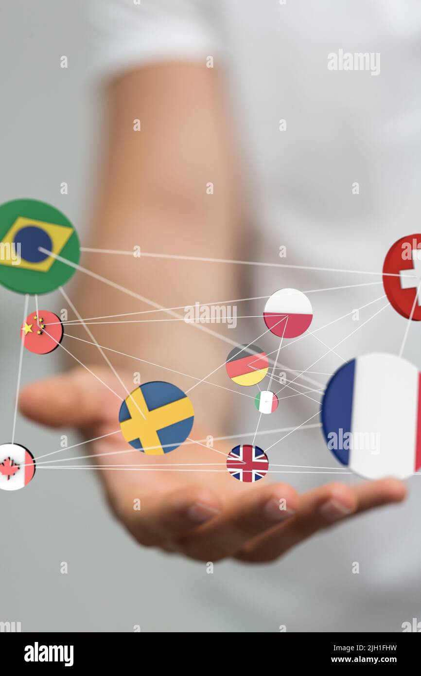A 3D render of connected world flags near a hand Stock Photo - Alamy