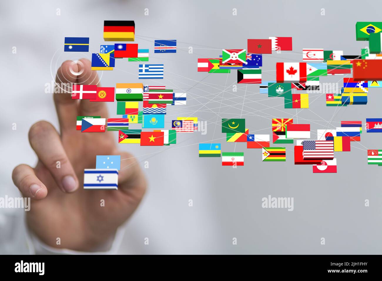 A 3D render of connected world flags near a hand Stock Photo - Alamy