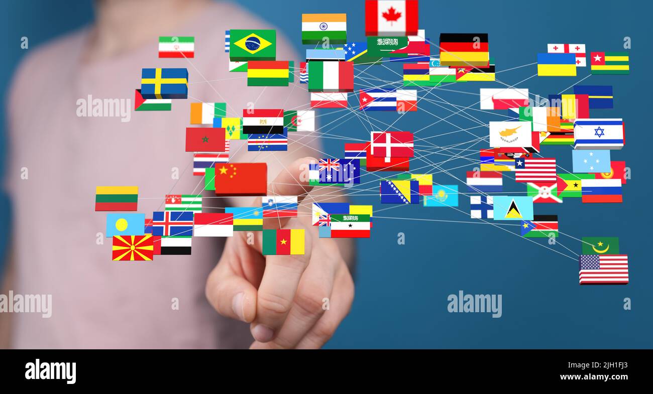 A 3D render of connected world flags near a hand Stock Photo - Alamy