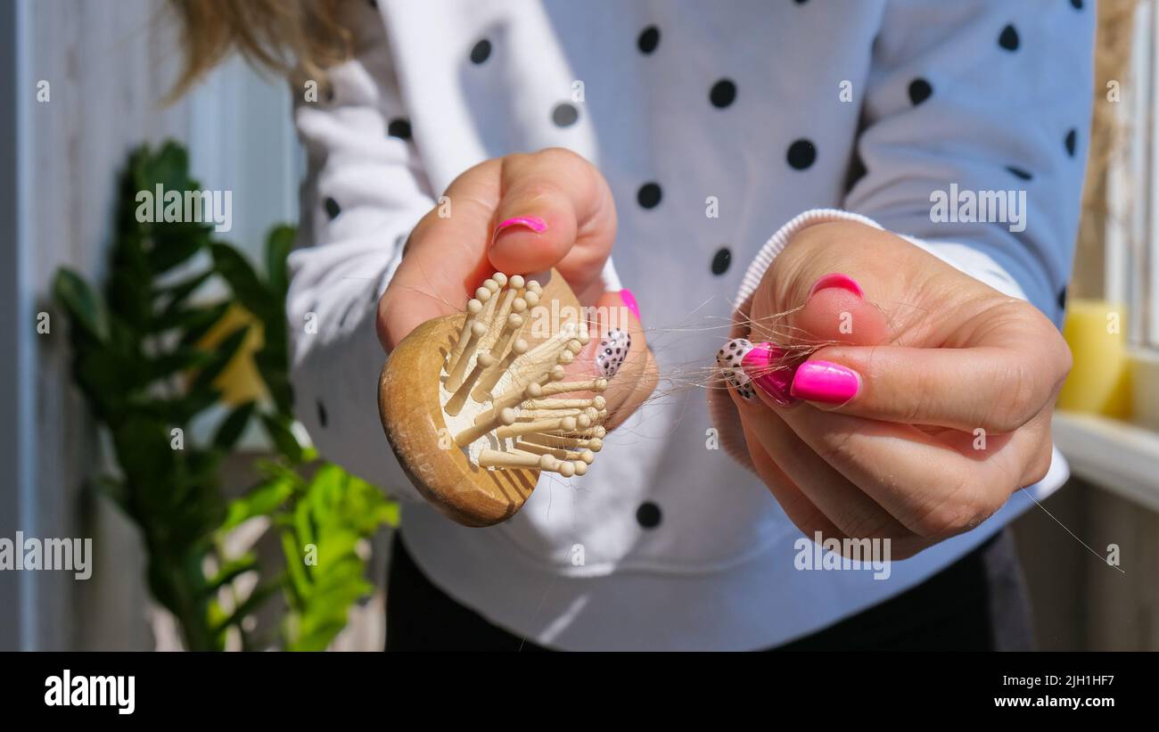 Hair loss on the comb, massage wooden brush with a clump of hair ...