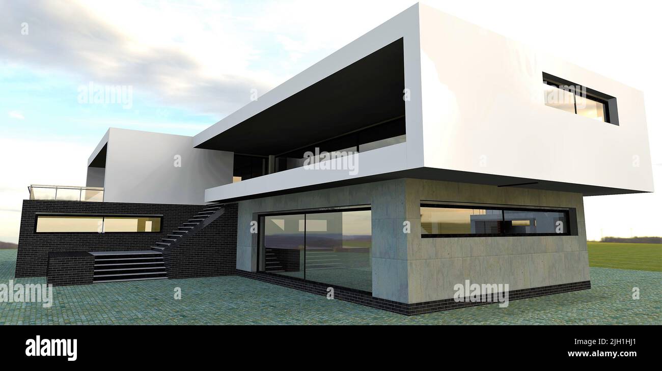 Awesome design high tech house. Concrete walls. Black bricks stair case ...