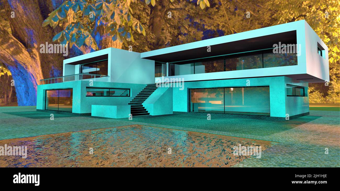 The turquoise color of the night lights reflects on the marble facade ...