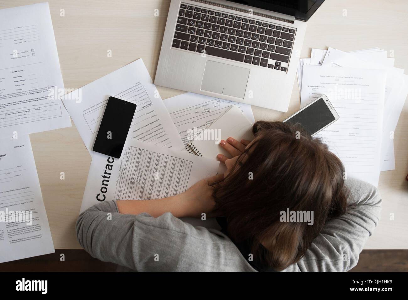Tired business woman sleeping at work, flat lay Stock Photo - Alamy