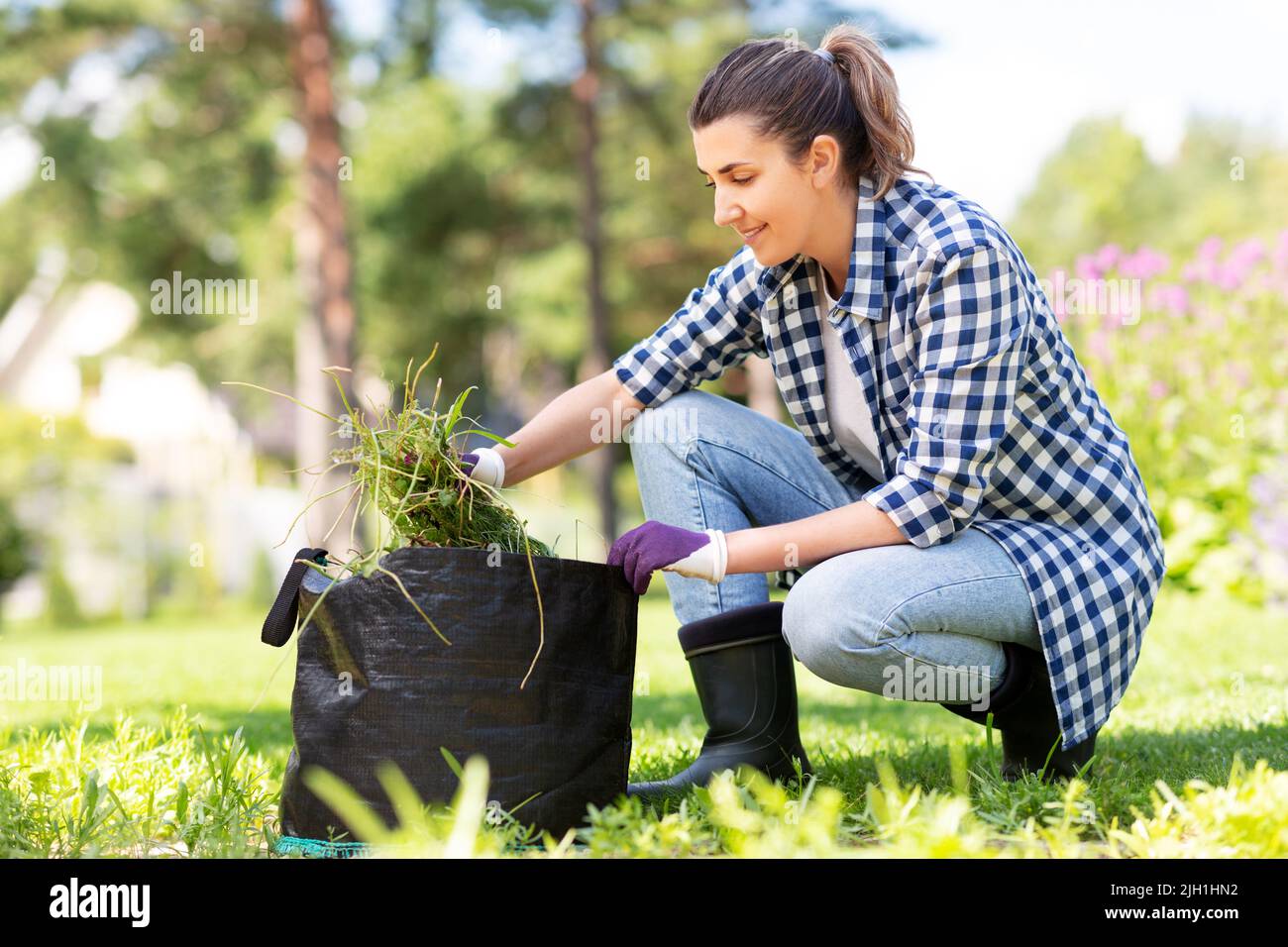 woman weeding flowerbed at summer garden Stock Photo - Alamy