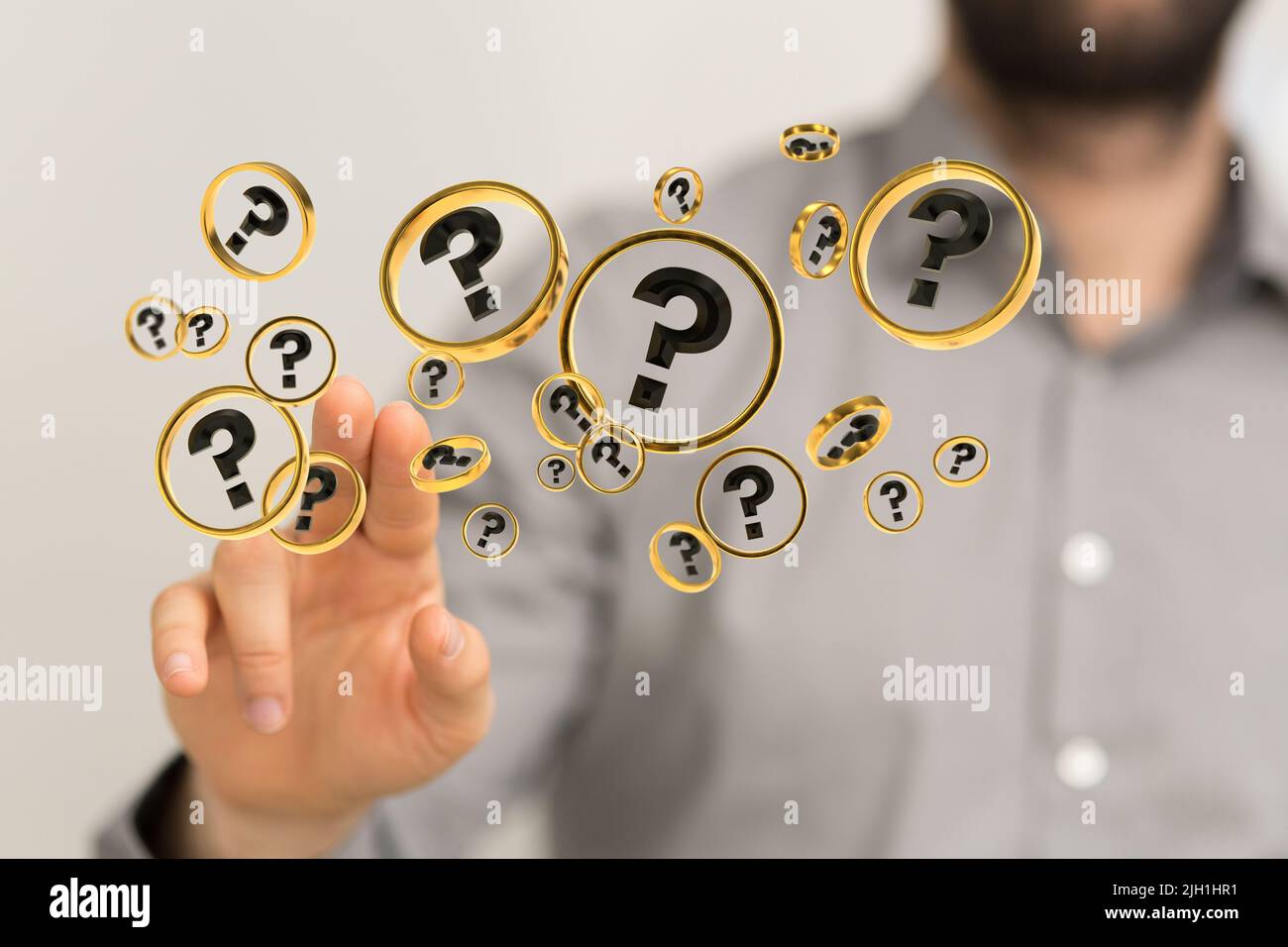 A 3D rendering of a Businessman solving a problem with digital question marks Stock Photo - Alamy
