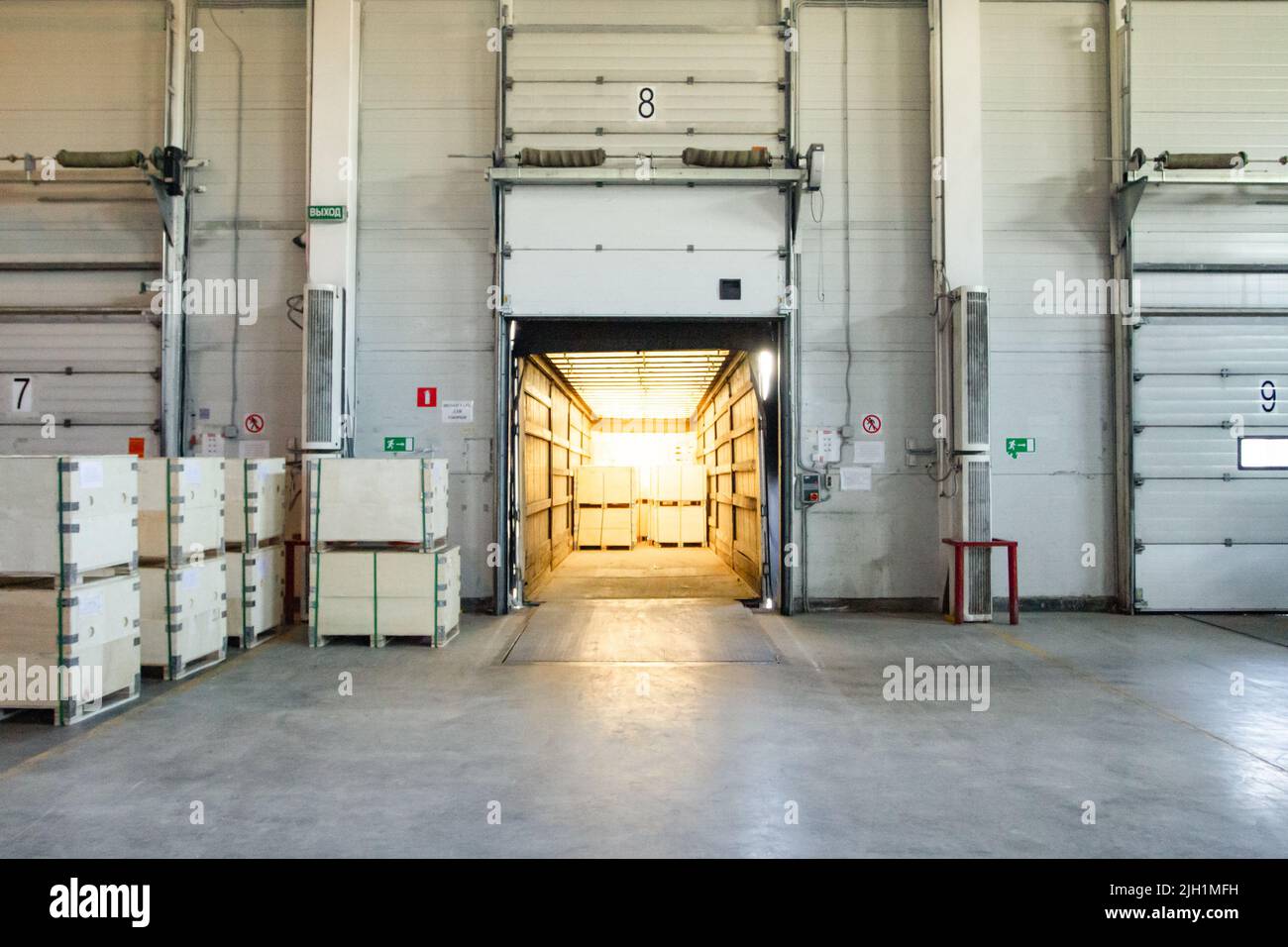 General view to the loading gates inside the warehouse.Interior of a ...