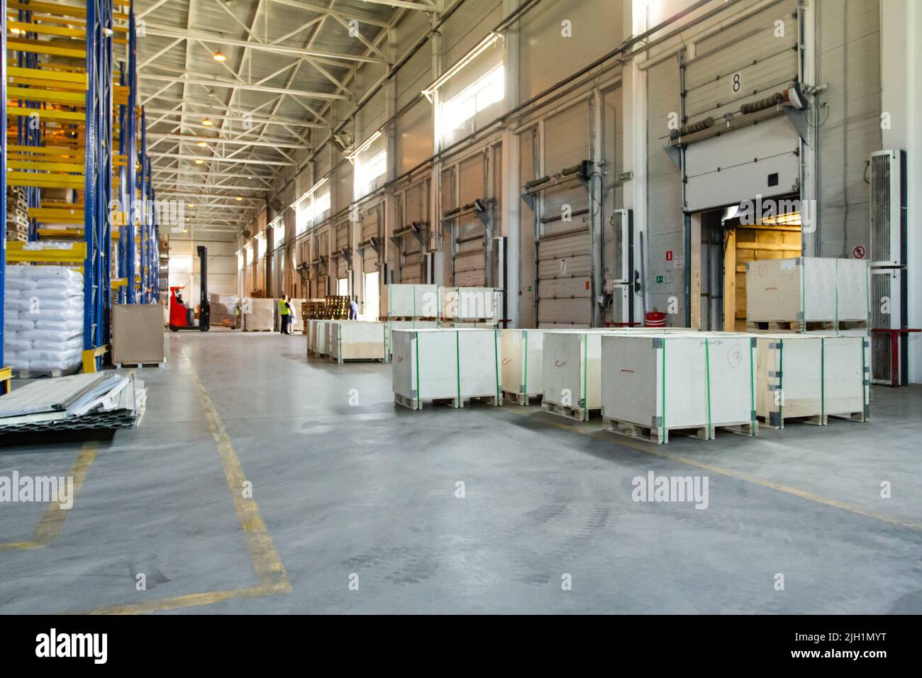 General view to the loading gates inside the warehouse.Interior of a ...
