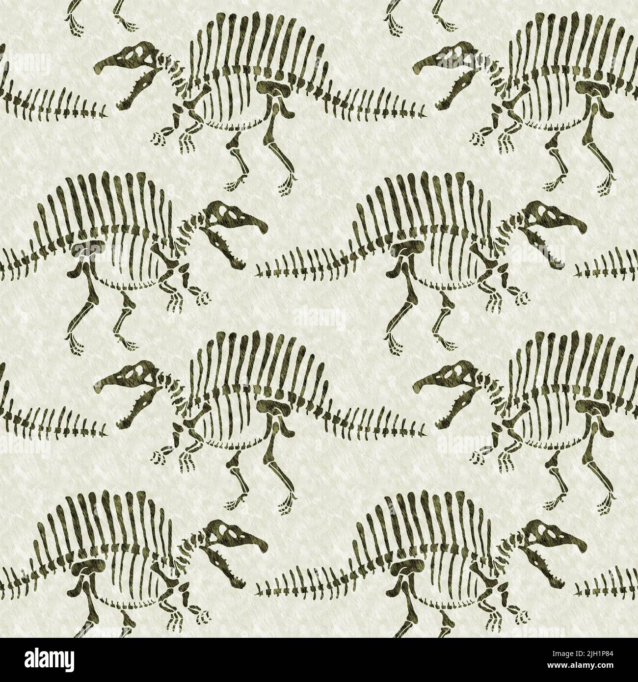 Green hand drawn Spinosaurus fossil bones dinosaur seamless pattern ...