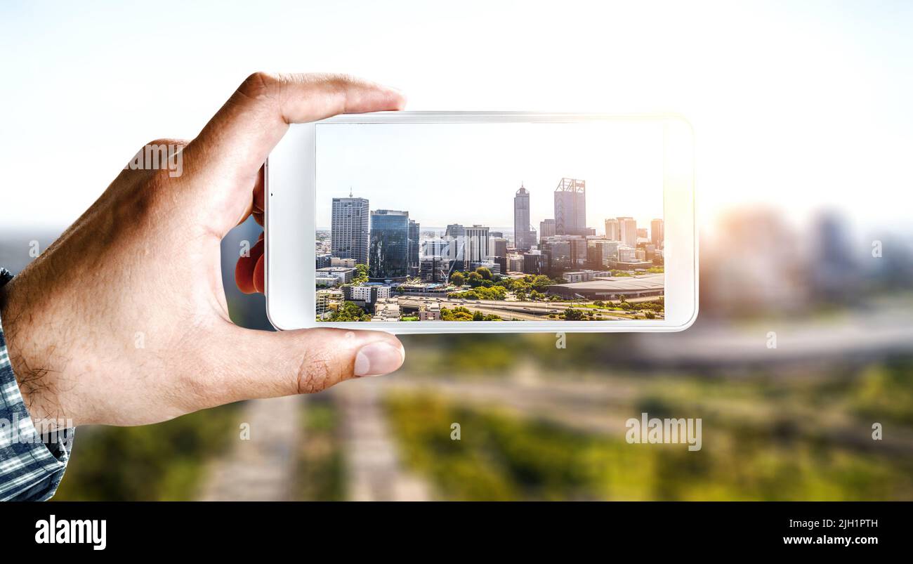 Hand holding smartphone mobile . Mixed media Stock Photo - Alamy