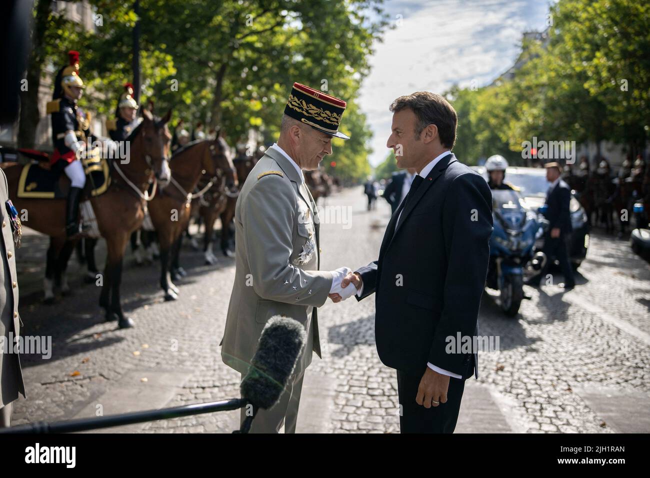 Paris, France, July 14, 2022, French President Emmanuel Macron Thierry ...