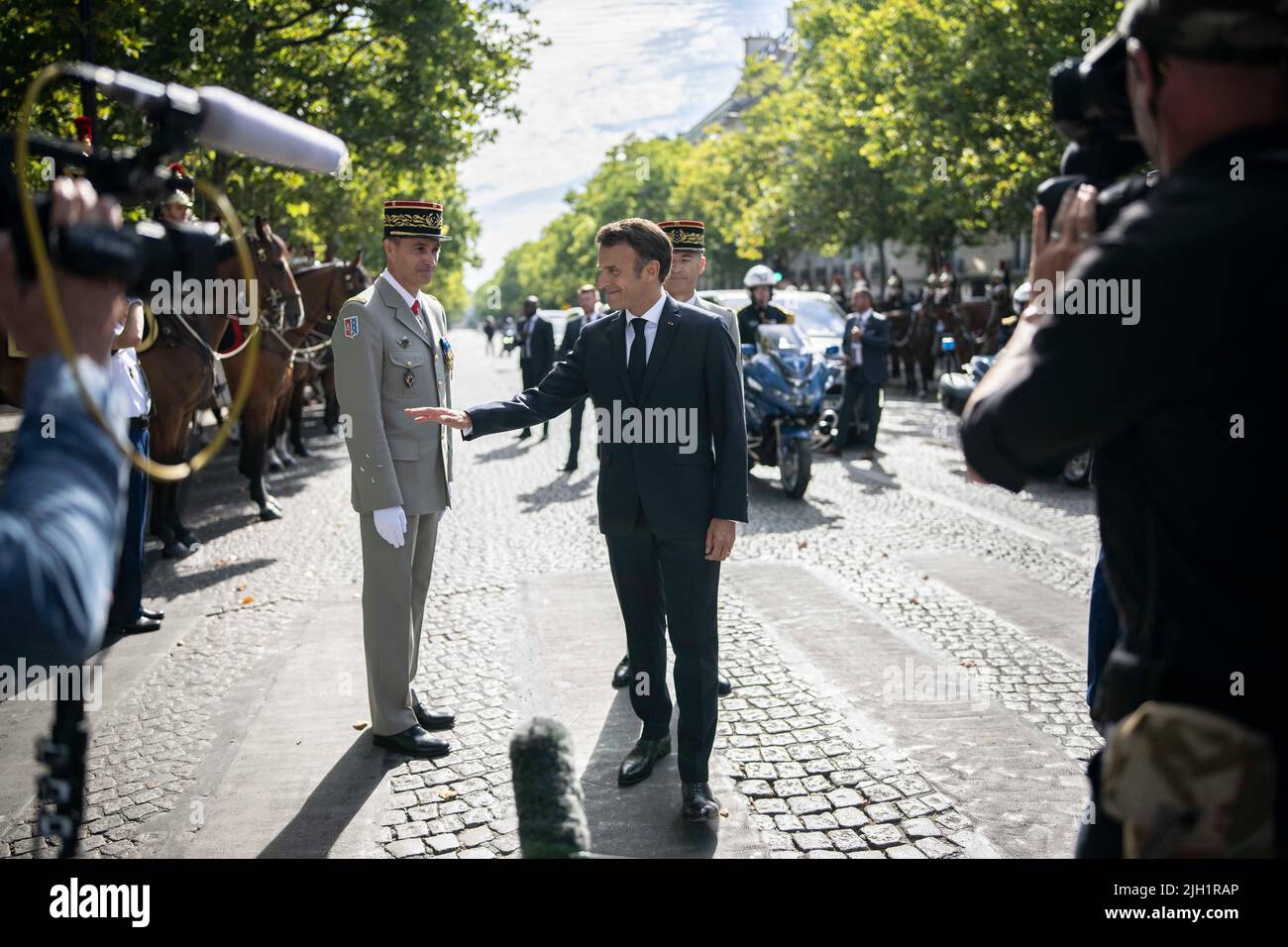 Paris, France, July 14, 2022, French President Emmanuel Macron Thierry ...