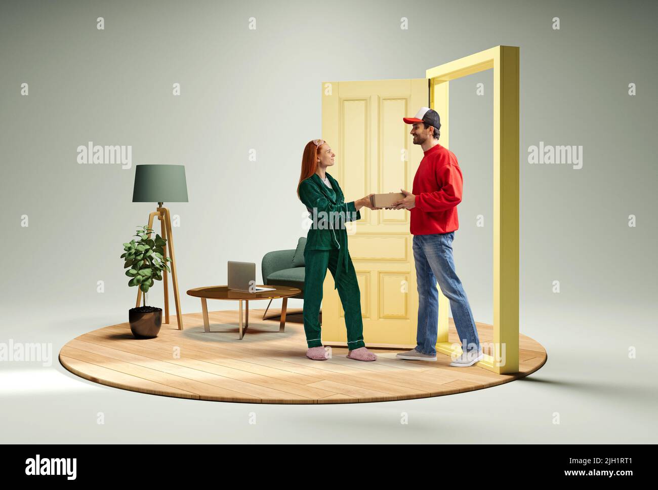 Creative collage with photo and 3d illustration of young woman ...