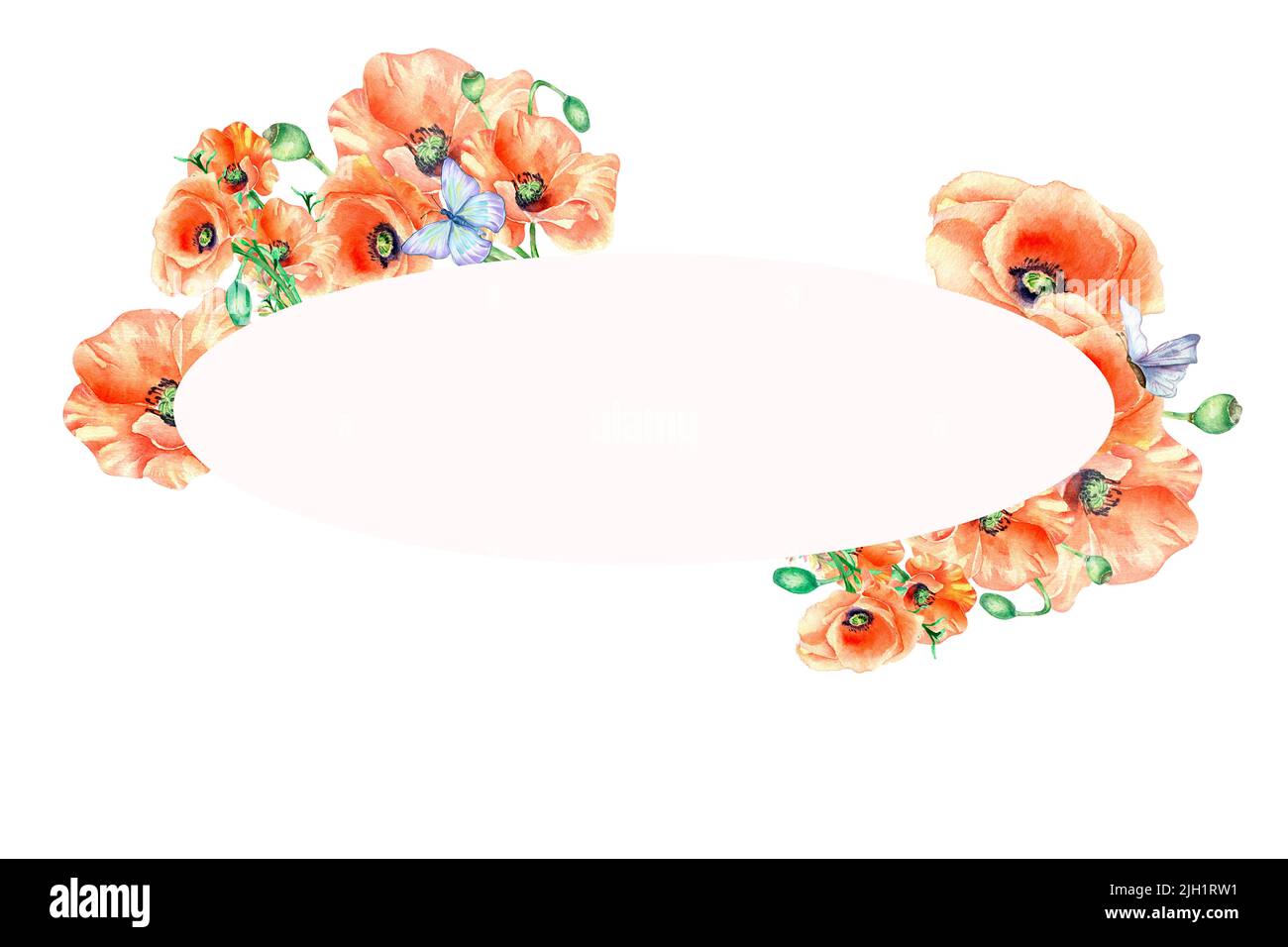 Frame with meadow red flowers, lush floral bouquet watercolor ...