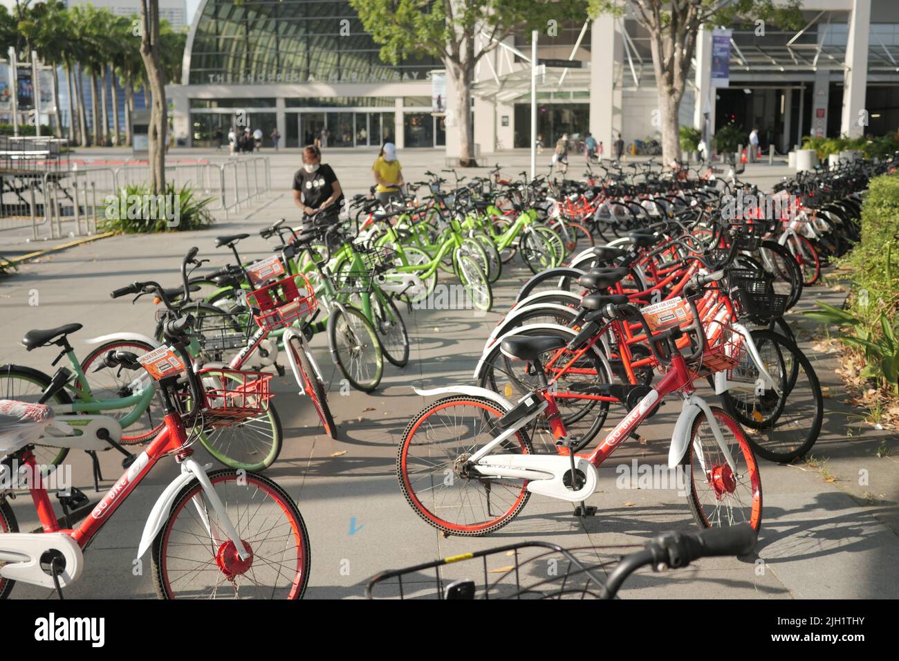 Singapore Marina bay 1 june 2022, Row of bicycles parking in Marina bay ...