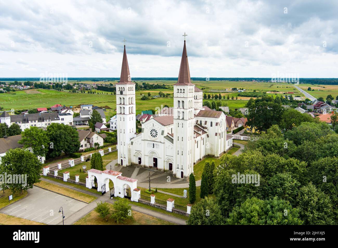Aerial view of church of St. Michael the Archangel in Rietavas, built ...