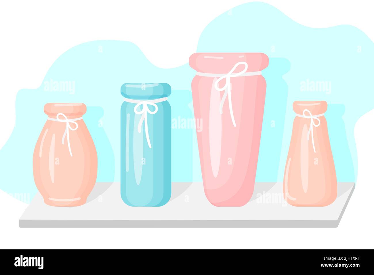 Ceramic vases with rope decorations on the shelf. Isolated illustration ...