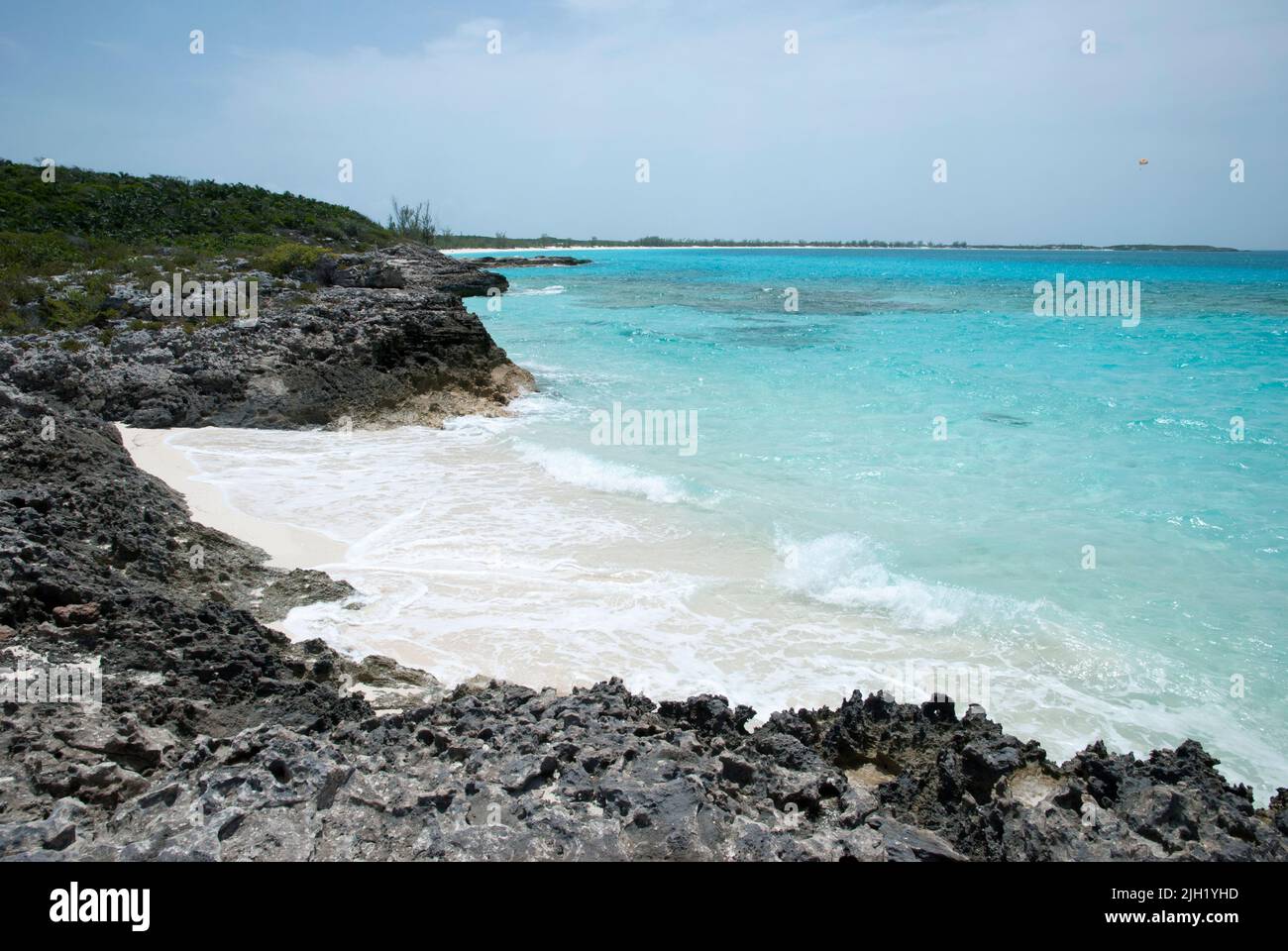 The view of Half Moon Cay turquoise color waves and a little beach ...
