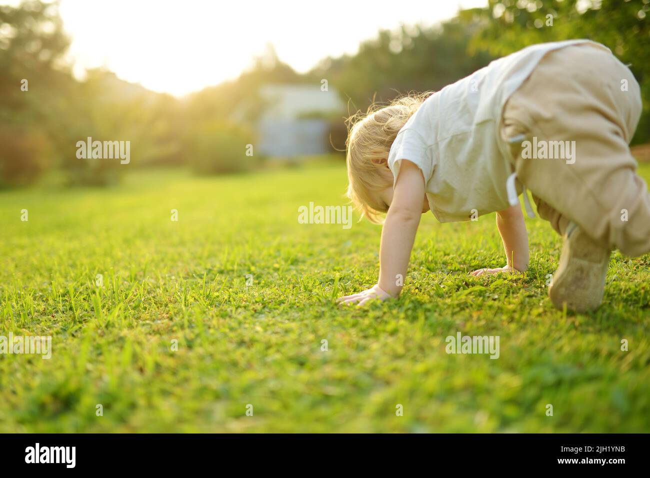 Funny toddler boy having fun outdoors on sunny summer day. Child ...