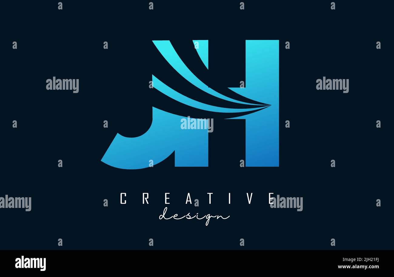 Creative blue letter JH J h logo with leading lines and road concept ...
