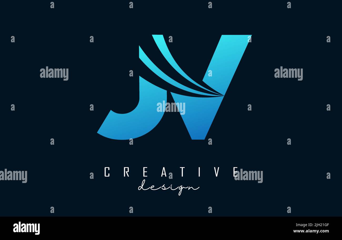 Creative blue letter JV J v logo with leading lines and road concept ...